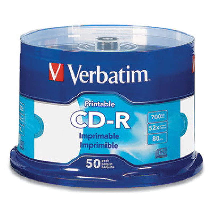 Verbatim CD-R Printable Recordable Disc, 700 MB/80 min, 52x, Spindle, White, 50/Pack (98473)