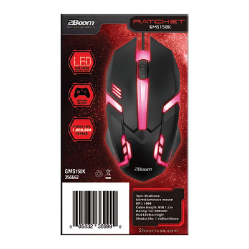 2Boom Ratchet Gaming Mouse, USB, Left/Right Hand Use, Black (GMS150K)