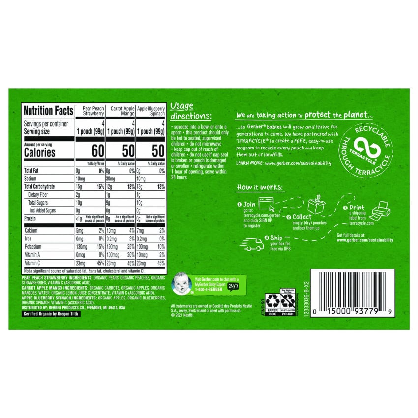Gerber Organic 2nd Foods Baby Food Pouches, Assorted Flavors, 3.5 oz ...