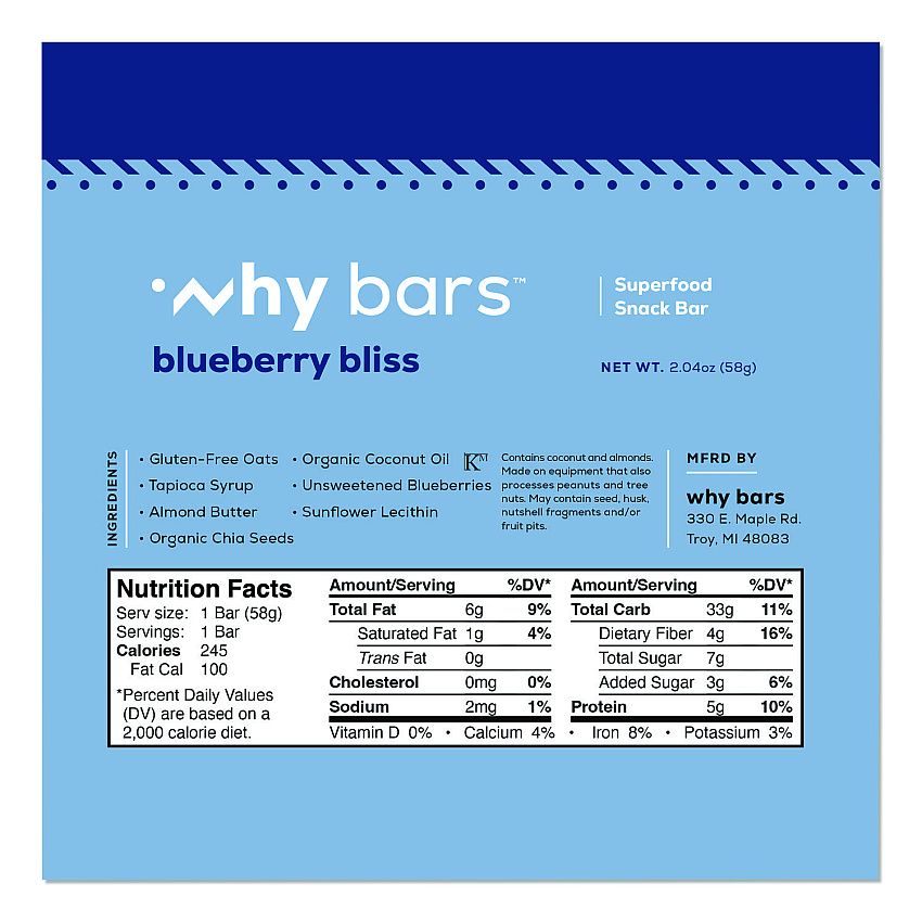 Why Bars Superfood Snack Bar, Blueberry Bliss, 2.04 oz Bar, 12/Box ...