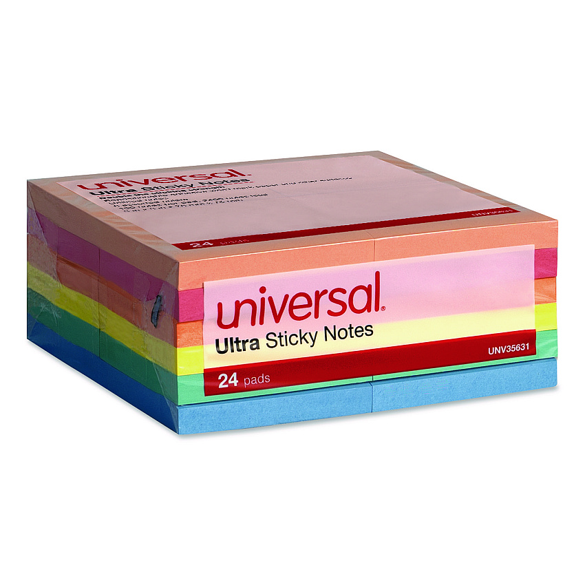 Ultra Sticky Note Pads, 3" x 3", Assorted, 100 Sheets/Pad, 24 Pads/Pack