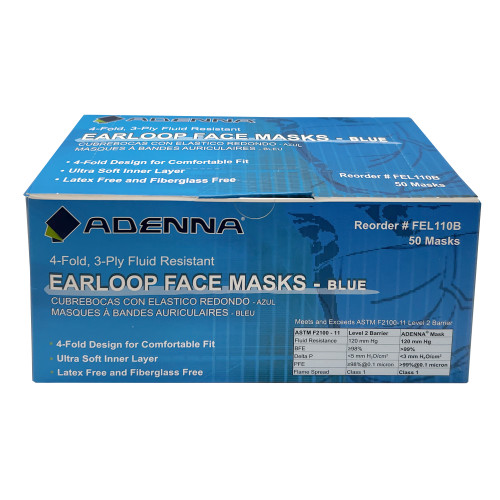 Blue Earloop Face Mask Adenna 3-ply 4-fold 50 Bx 10 Bxs C, Case Of 500 ...