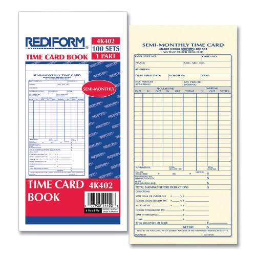 Rediform Employee Time Card, Semi-Monthly, 4-1/4 x 8, 100/Pad (4K402 ...