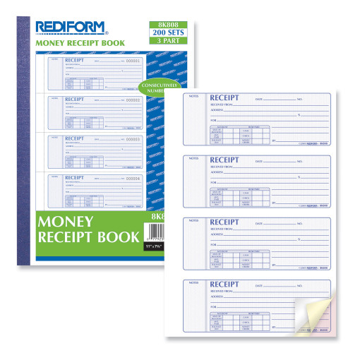 Rediform Receipt Book, 7 x 2 3/4, Triplicate with Carbons, 200 Sets ...