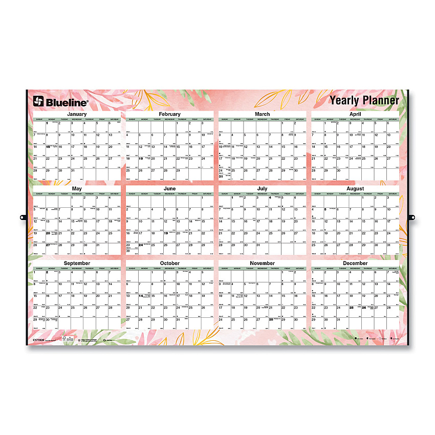 Blueline Yearly Laminated Wall Calendar, Passion Floral Artwork, 36 x ...