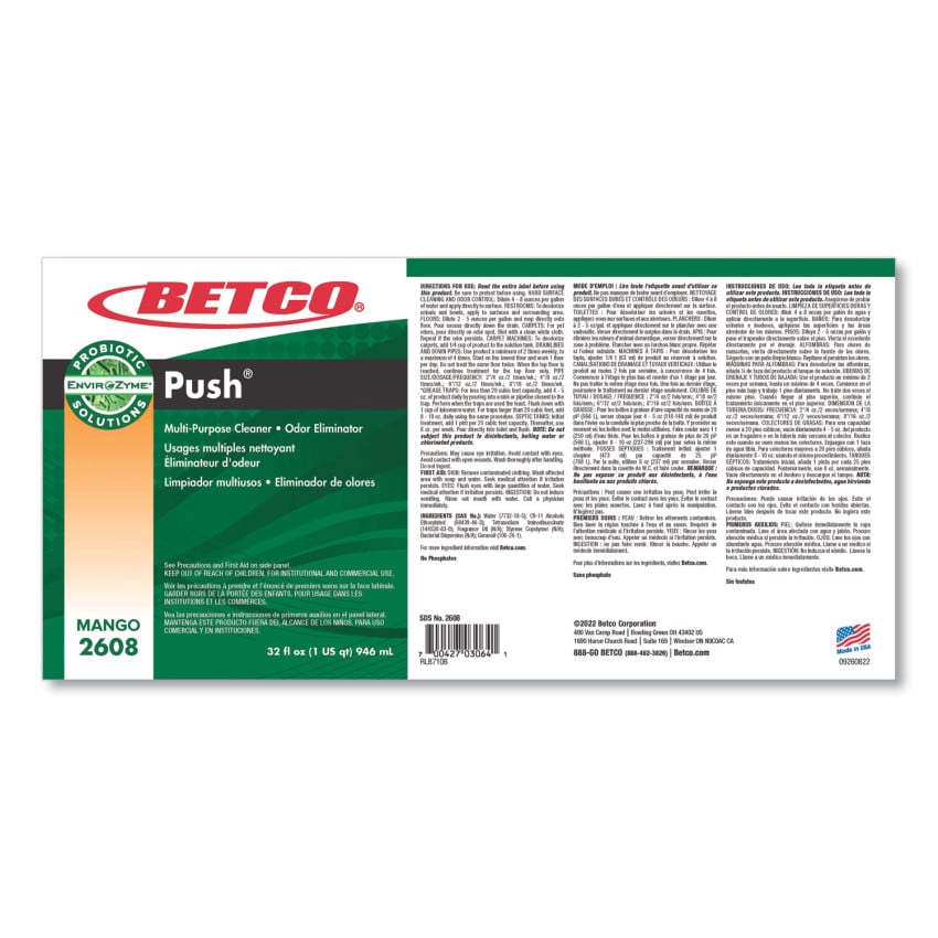 Betco PUSH All Purpose Cleaner and Odor Eliminator, Mango Scent, 32 oz ...