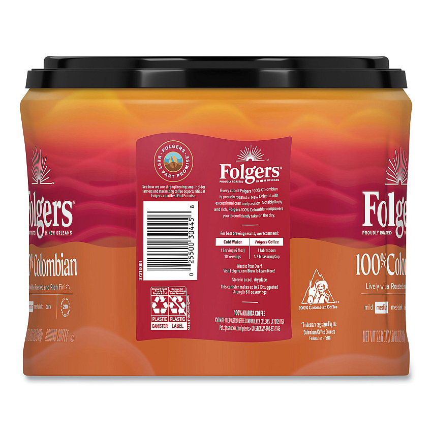 Folgers 100% Columbian Coffee, 22.6 oz Canister, 6/Carton (30445CT)