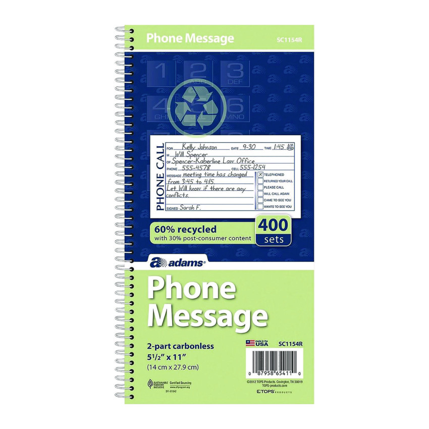 Adams Wirebound Telephone Message Book, Two-Part Carbonless, 4.75 x 2. ...