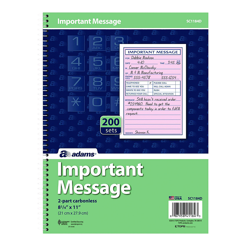 Adams Important Message Book, Two-Part Carbonless, 4 Forms/Sheet, 200 ...
