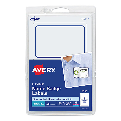Avery Flexible Adhesive Name Badge Labels, 3.38 x 2.33, White/Blue ...