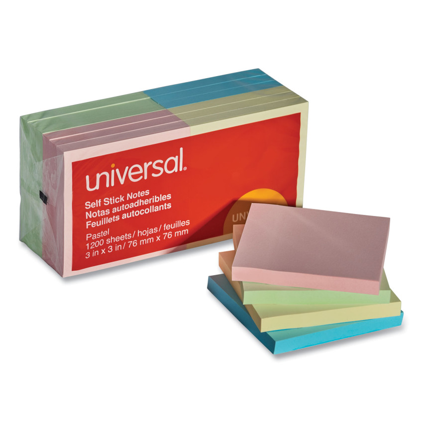 Universal Self-Stick Note Pads, 3" x 3", Assorted Pastel Colors, 100 ...
