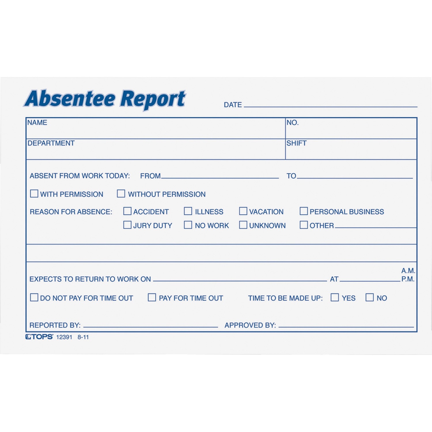 TOPS Absentee Report Form (12391) | OfficeCrave.com