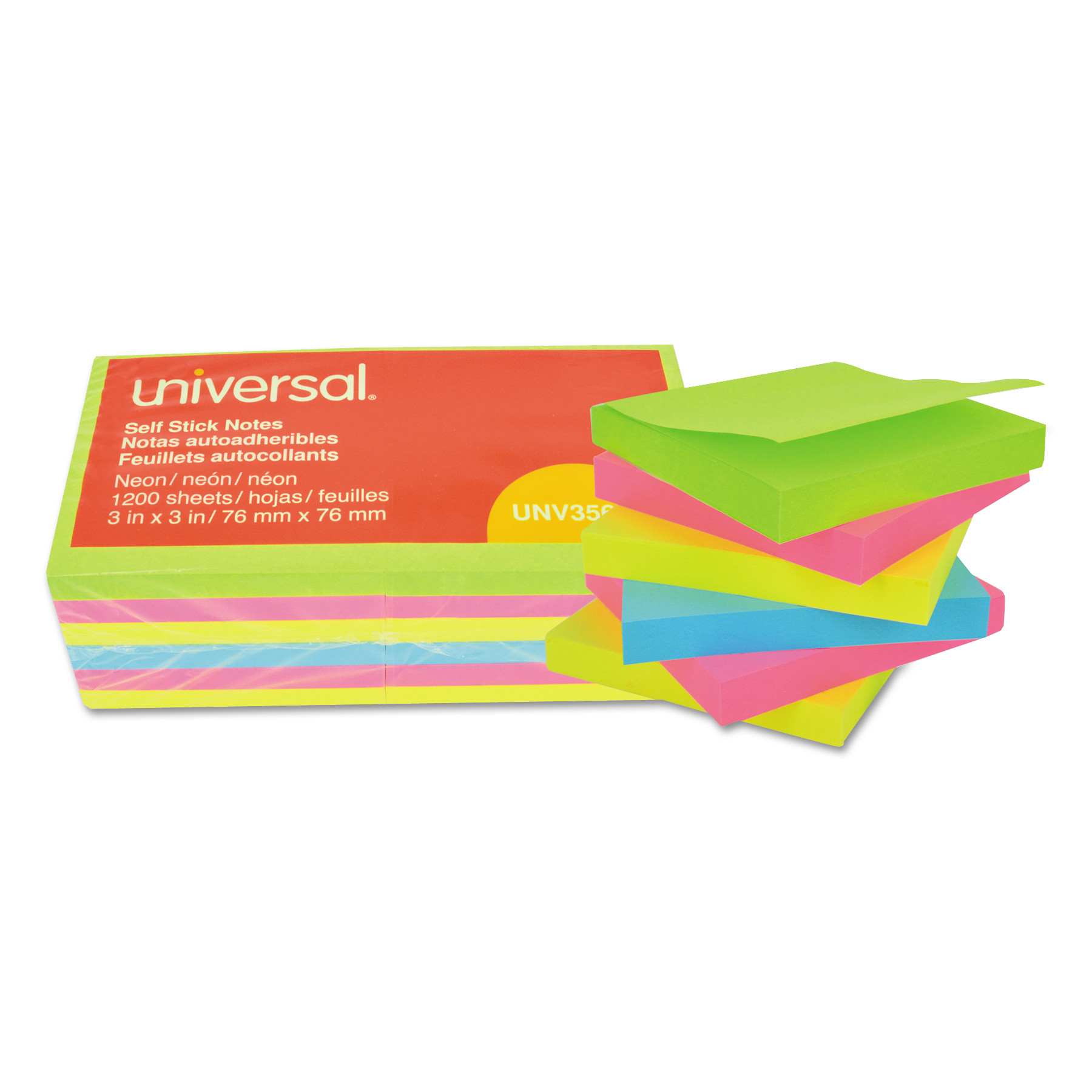 Universal Self-Stick Note Pads, 3 x 3, Assorted Neon Colors, 100-Sheet ...